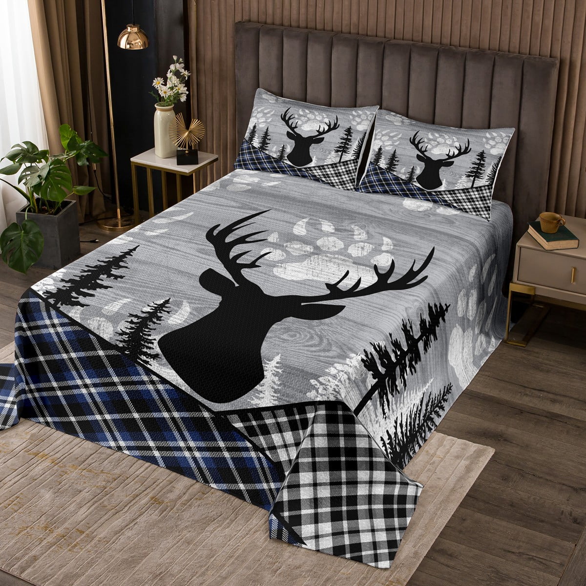 Rustic Elk Deer Coverlet Set Woodland Animal Patchwork Quilt Set Queen ...