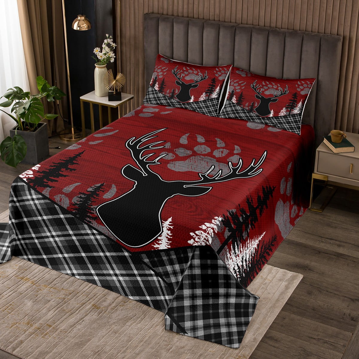 Rustic Elk Deer Coverlet Set Woodland Animals Patchwork Quilt Set Queen ...