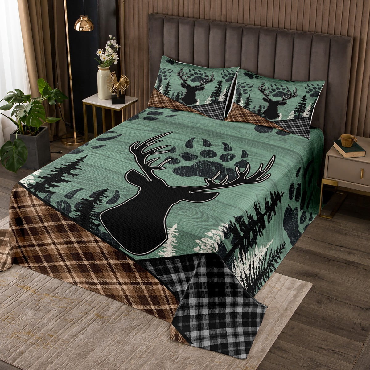 Rustic Elk Deer Coverlet Set Woodland Animals Patchwork Quilt Set Queen ...