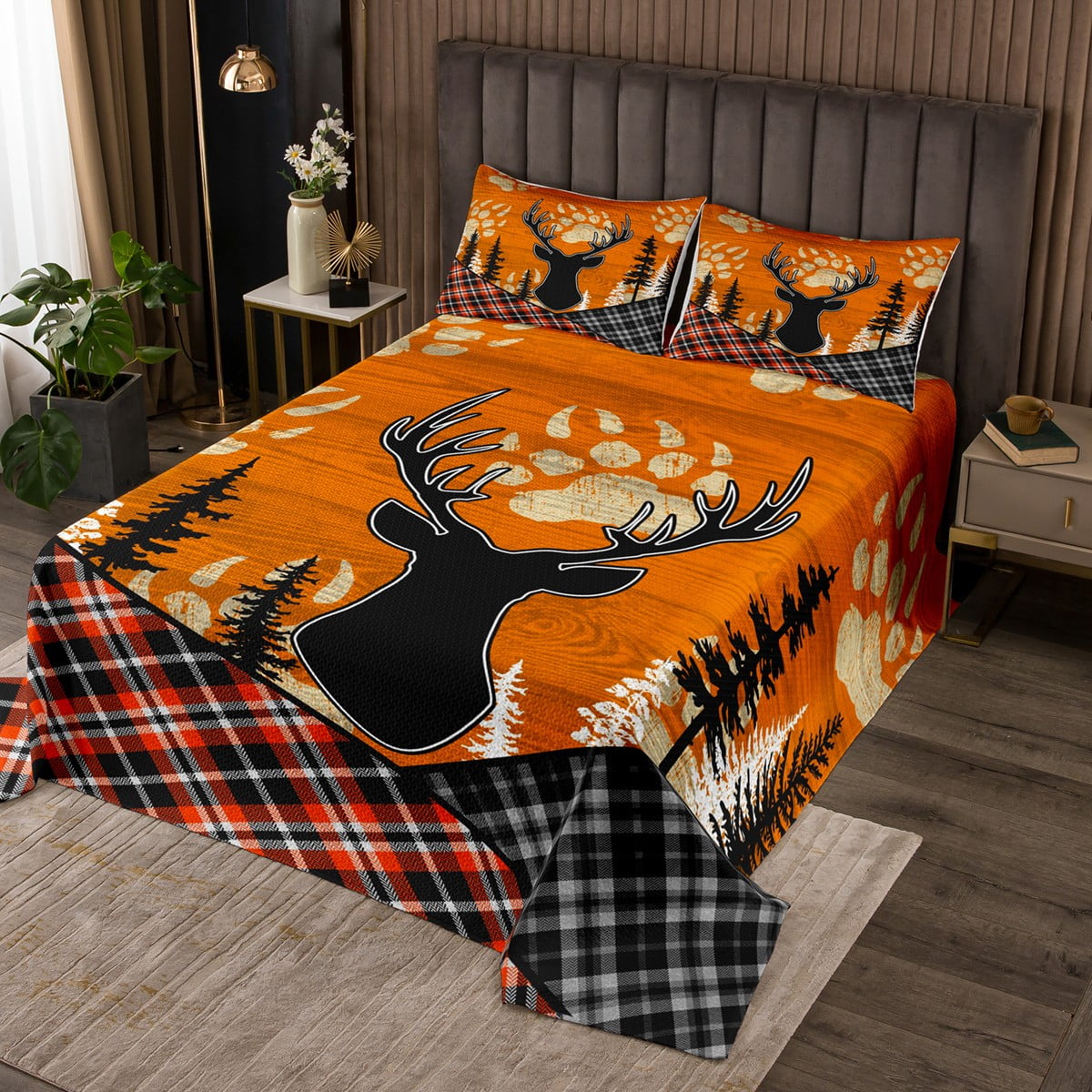 Rustic Elk Deer Coverlet Set Woodland Animals Patchwork Quilt Set Queen ...