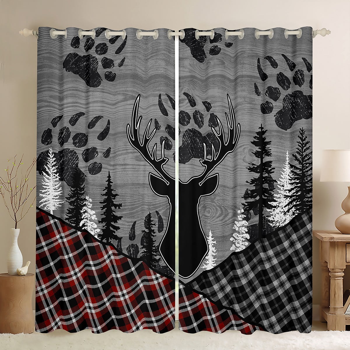 Rustic Elk Deer Curtains & Drapes Checkered Buffalo Plaid Curtains ...