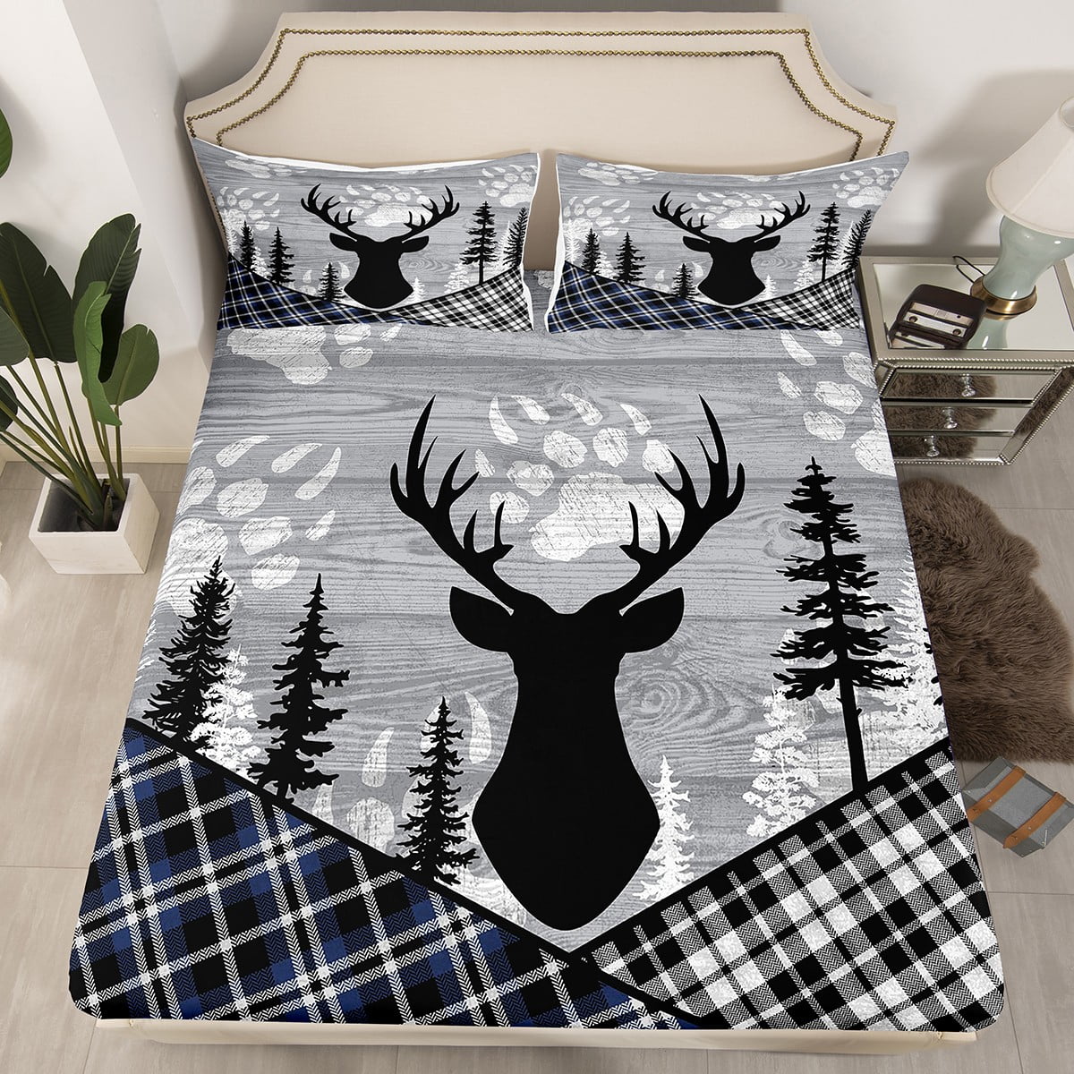 Rustic Elk Deer Sheets Woodland Animal Patchwork Fitted Sheet Queen for ...