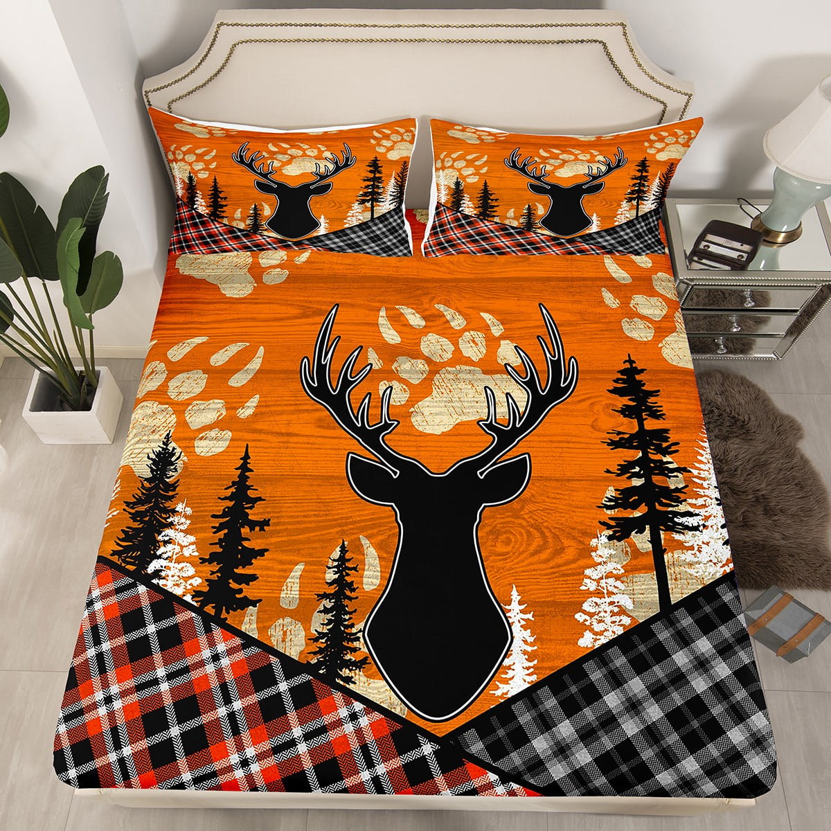 Rustic Elk Deer Sheets Woodland Animals Patchwork Fitted Sheet Queen ...