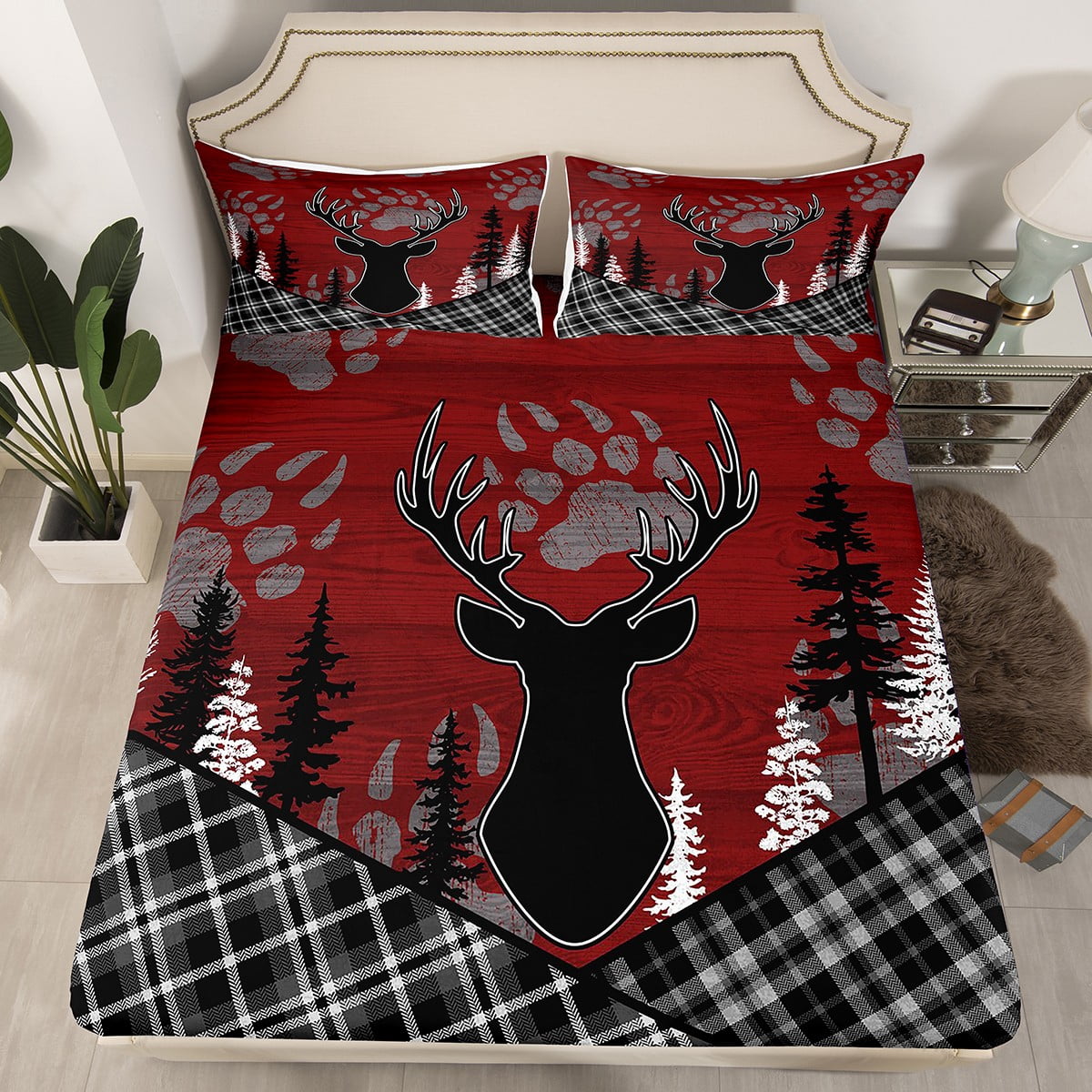 Rustic Elk Deer Sheets Woodland Animals Patchwork Fitted Sheet Queen ...