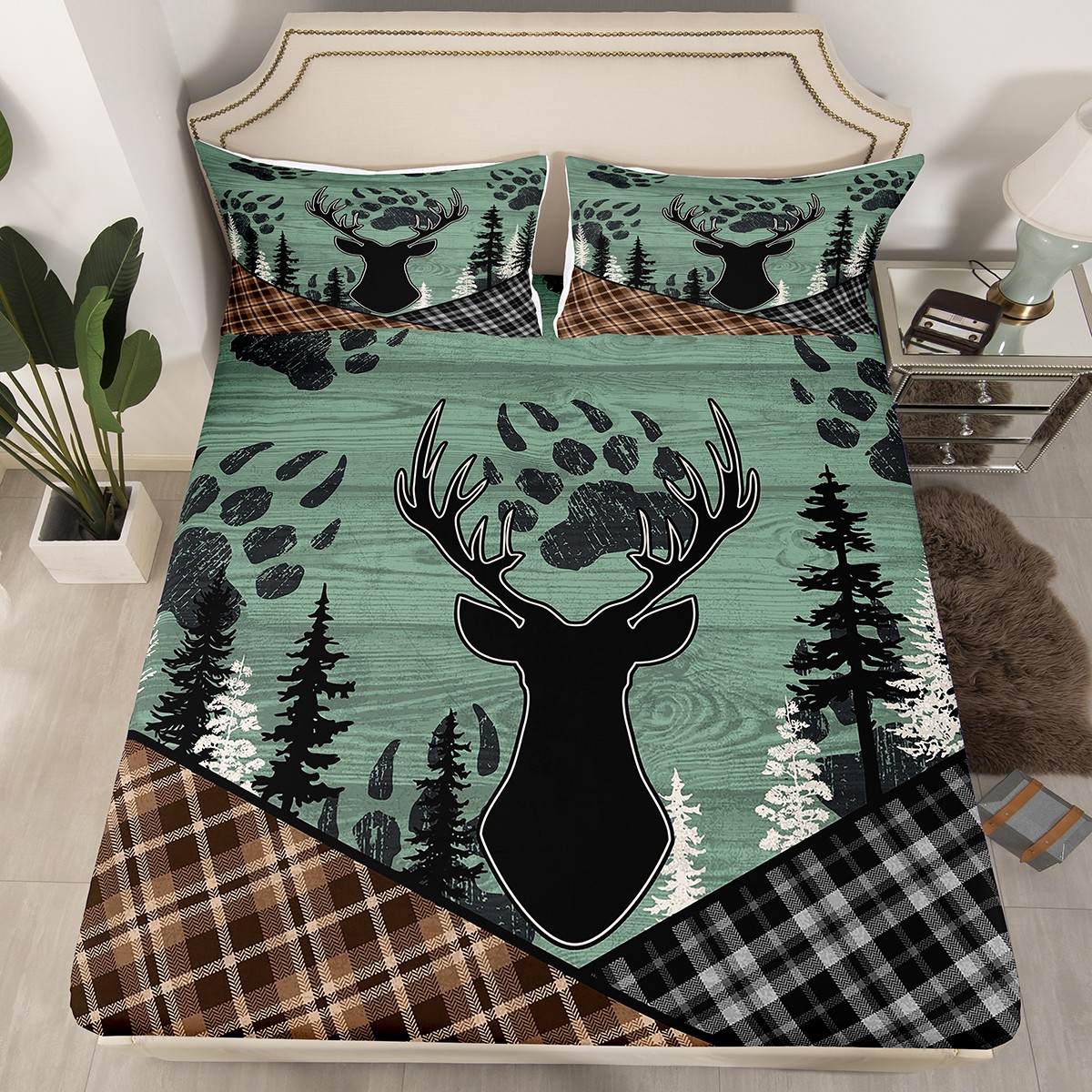 Rustic Elk Deer Sheets Woodland Animals Patchwork Fitted Sheet Queen ...