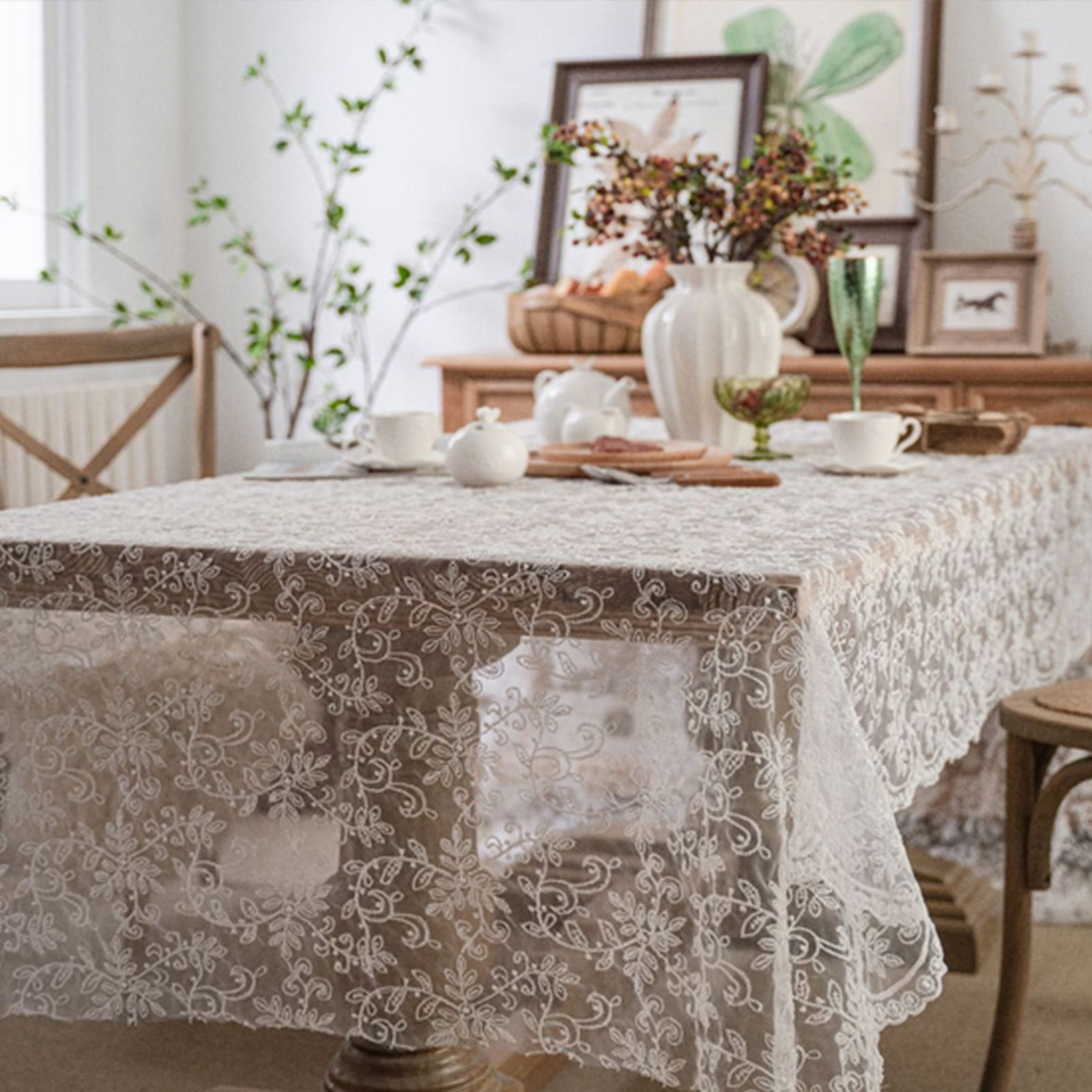 Rustic Embroidered Lace Coffee Table Cloth, White Decorative Table ...