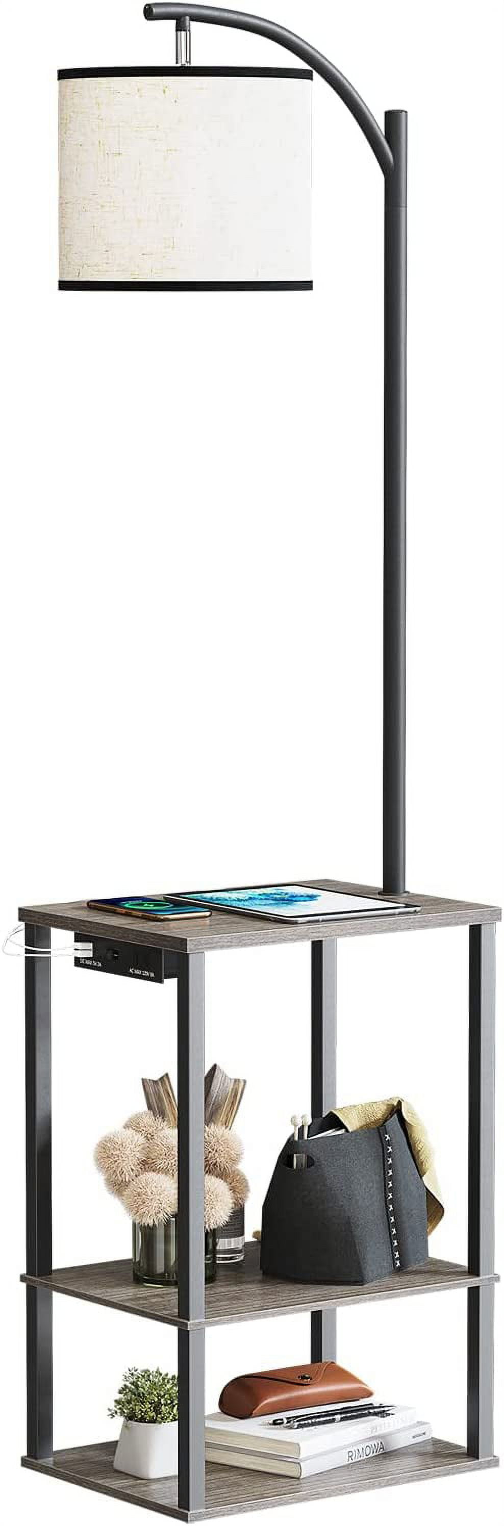 Rustic End Table Lamp with Table, Shelves, Charging Station(USB & AC Port) 3-Color Temperature ...