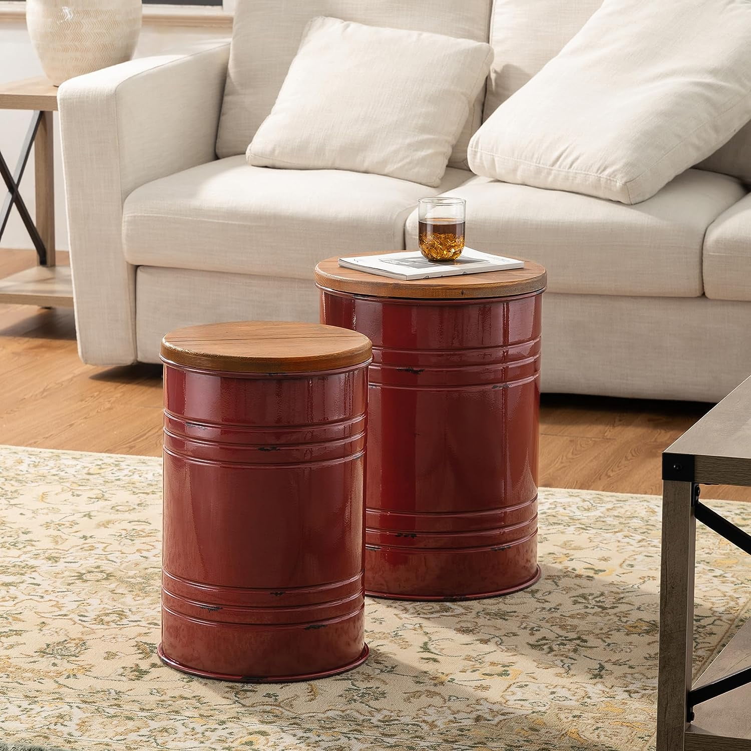 Rustic End Table Set of 2, Farmhouse Galvanized Metal Barrel Ottoman ...