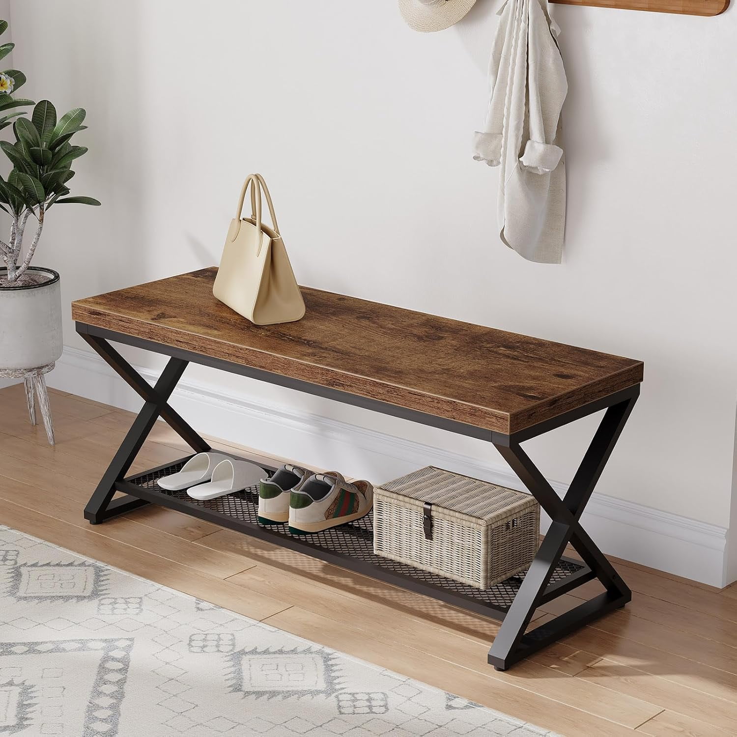 Rustic Entryway Bench with Shoe Storage, Wooden and Metal Shoe Bench ...