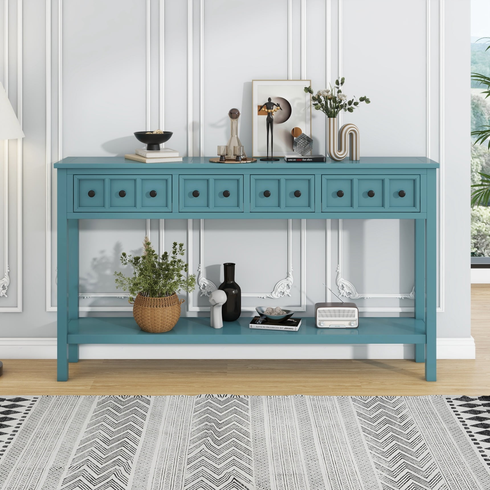 Rustic Entryway Console Table with 4 Drawers and Bottom Storage Shelf ...