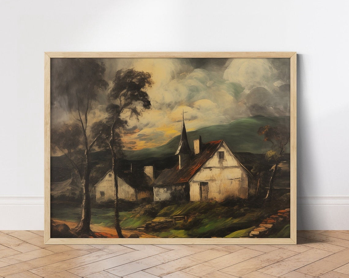 Rustic European Village Print, Vintage Living Room Decor, Farmhouse ...