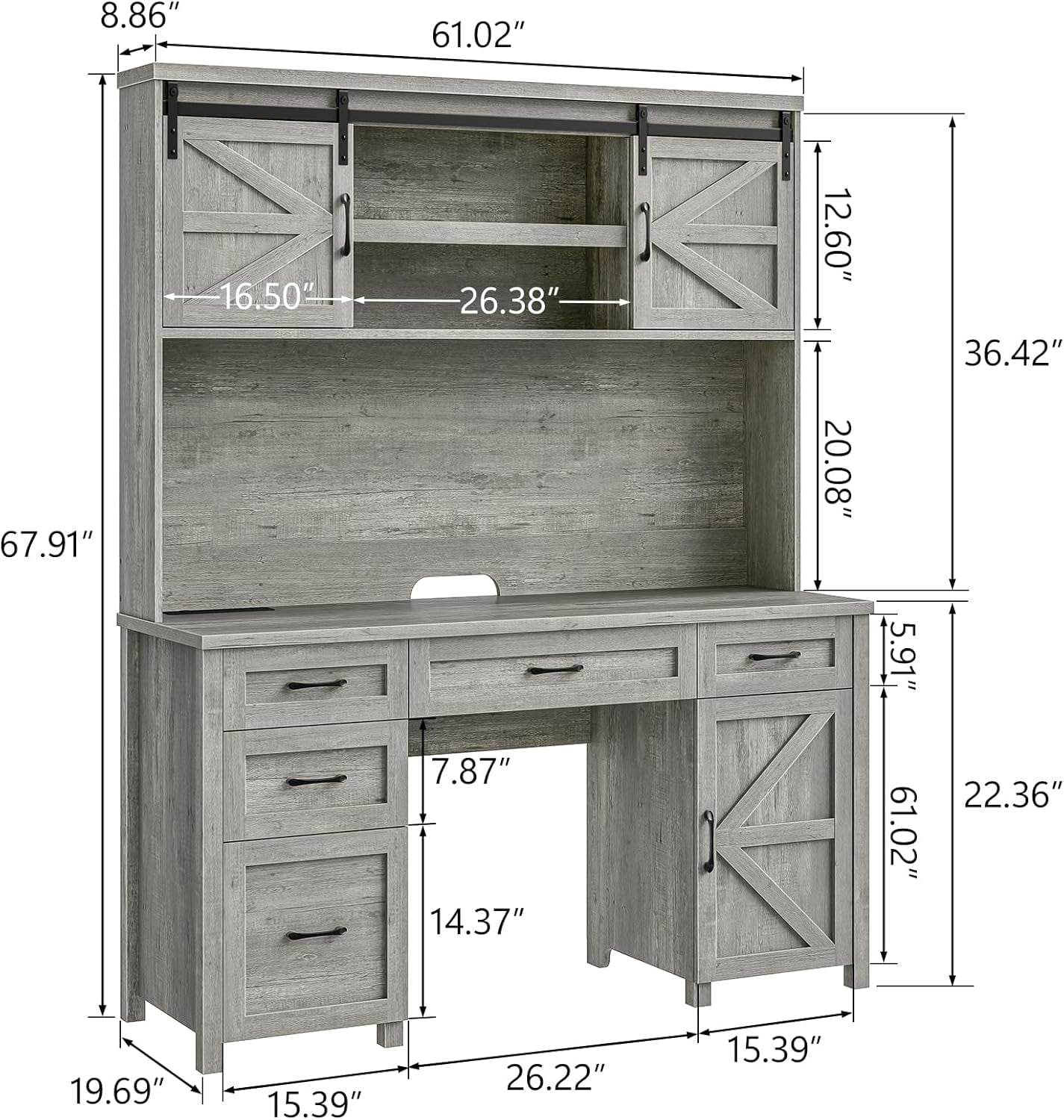 Rustic Executive Desk with Hutch, 5 Drawers, Charging Station, Wood ...