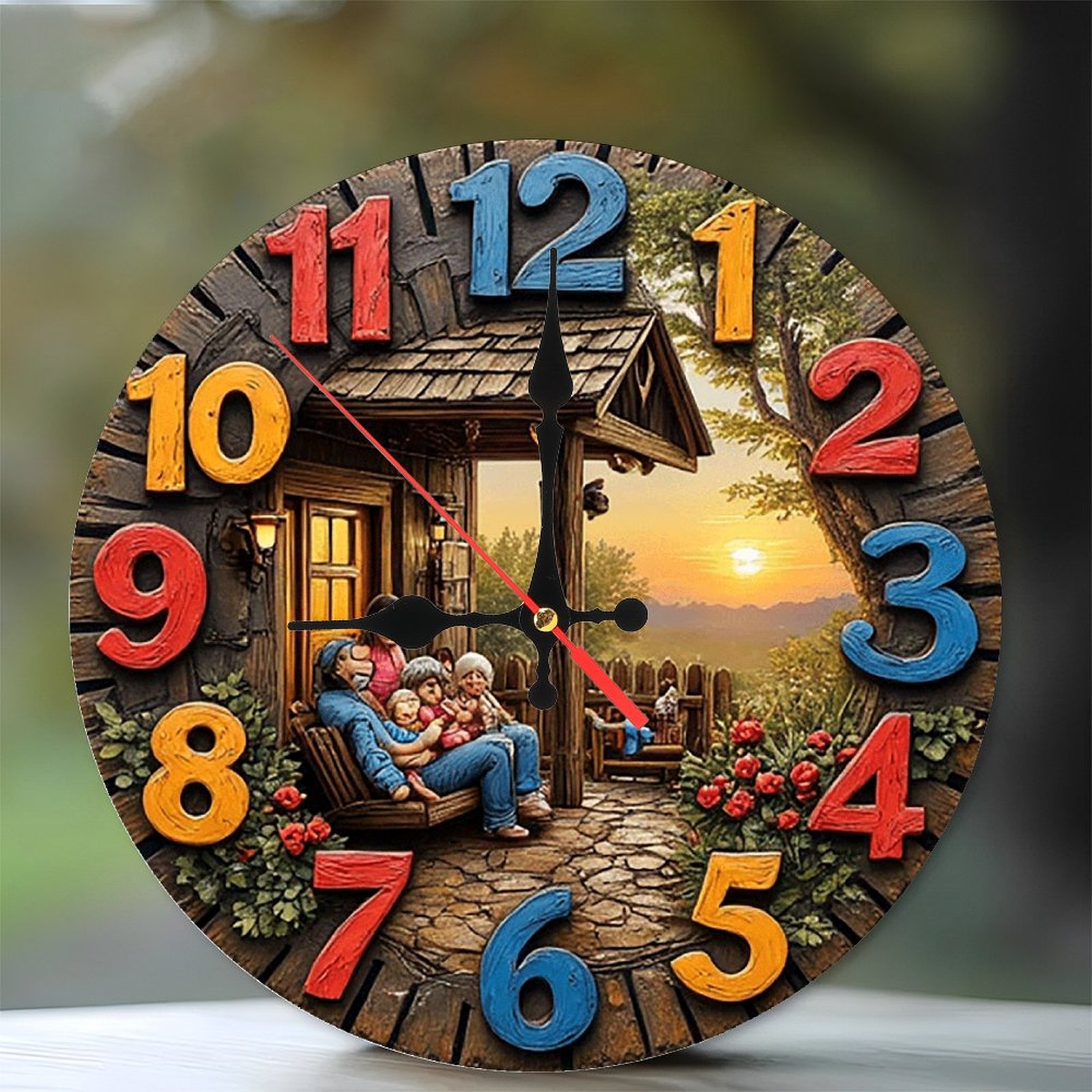 Rustic Family Porch Sunset Wall Clock 10-Inch Silent Wooden Wall Clock ...