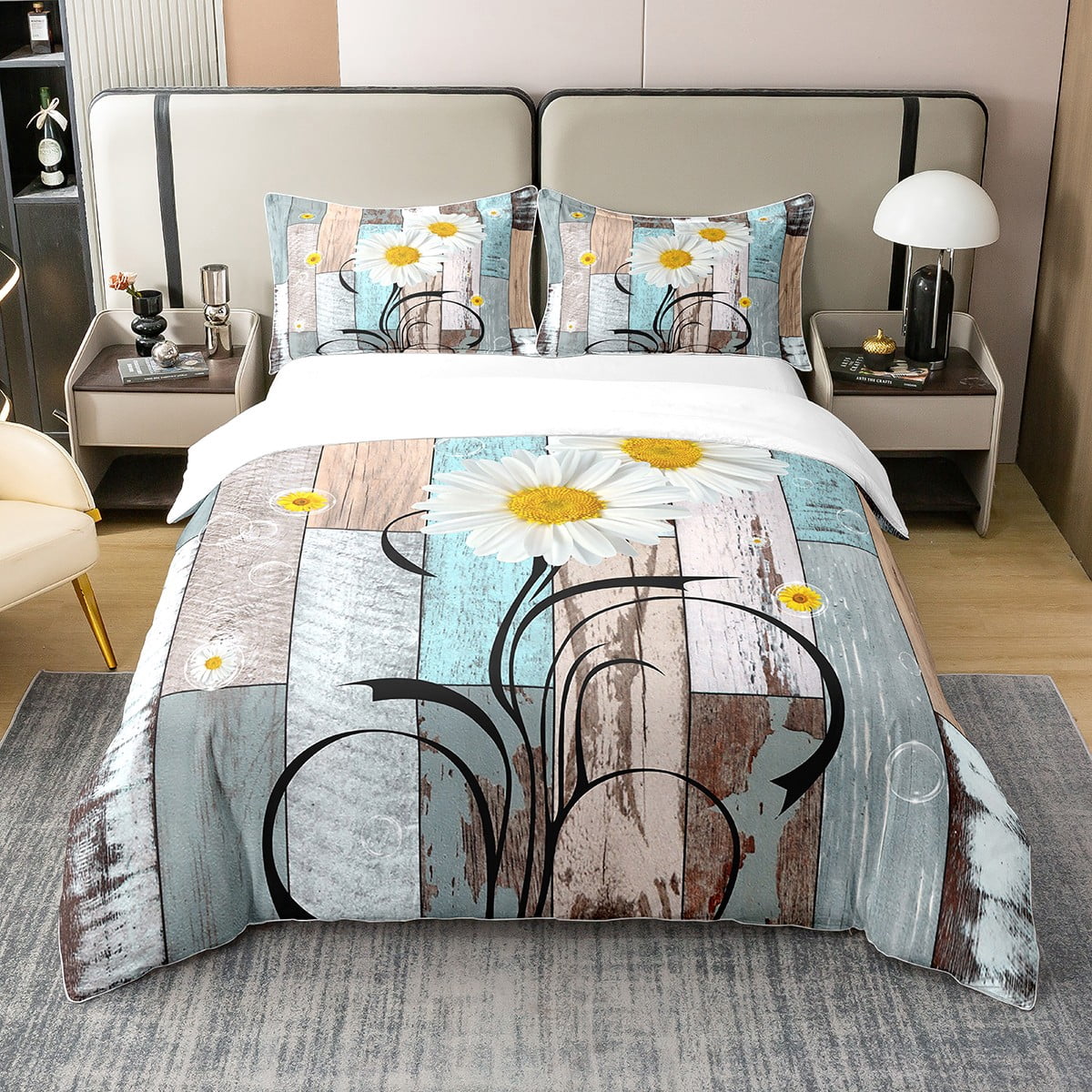 Rustic Farm 100% Cotton Duvet Cover,Daisy Flower Bedding Set Twin ...