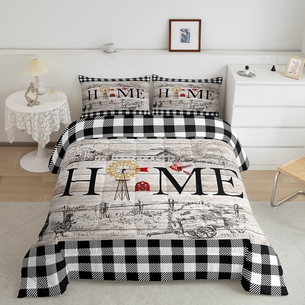 Rustic Farm Animal Comforter Set Retro Buffalo Plaid Farmhouse Cabin ...