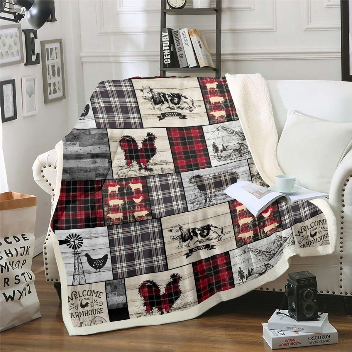 Rustic Farm Animal Fleece Bed Blanket Throw Retro Buffalo Plaid ...