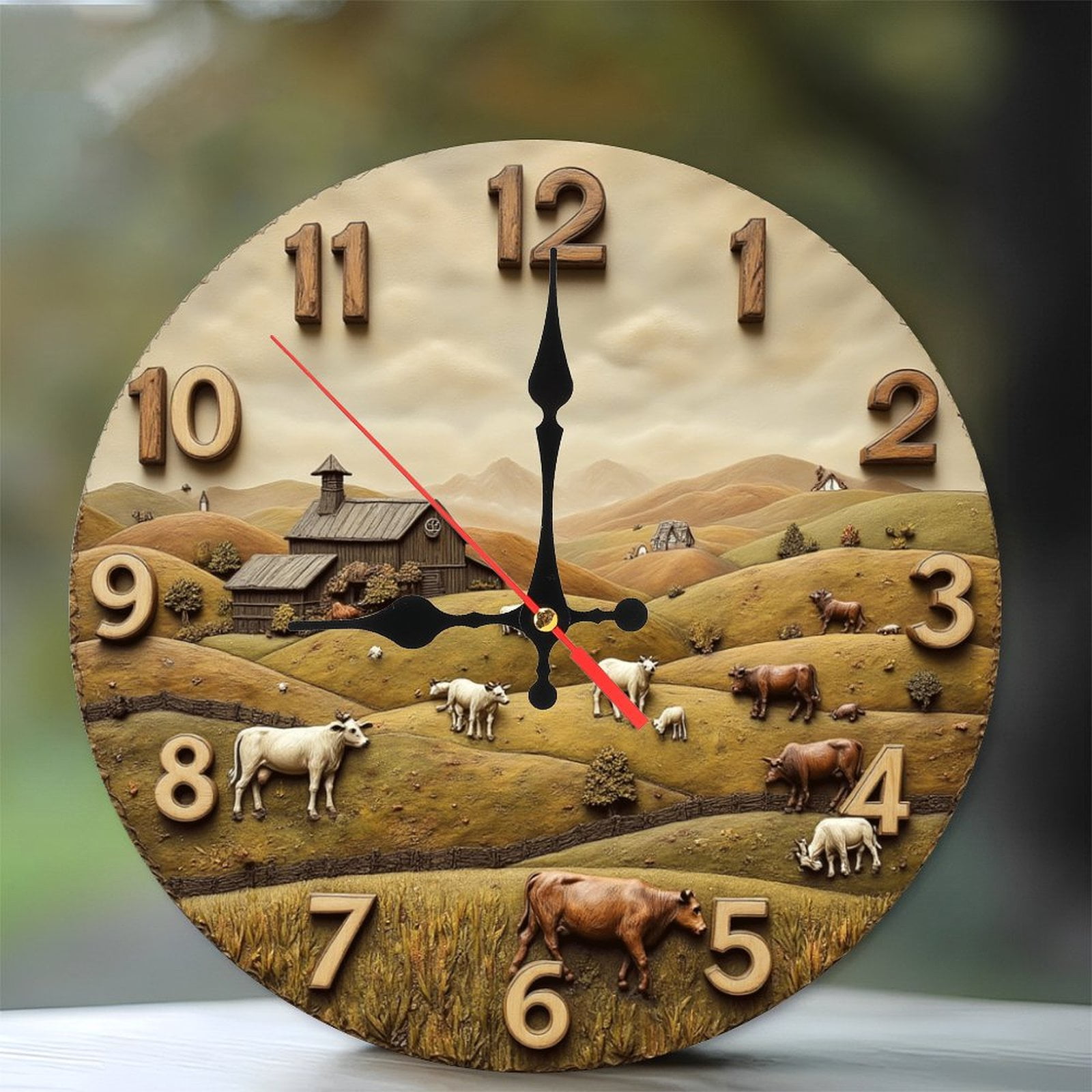Rustic Farm Animals Cow Cattle Clock Wall Decor 10-Inch Silent Wooden ...