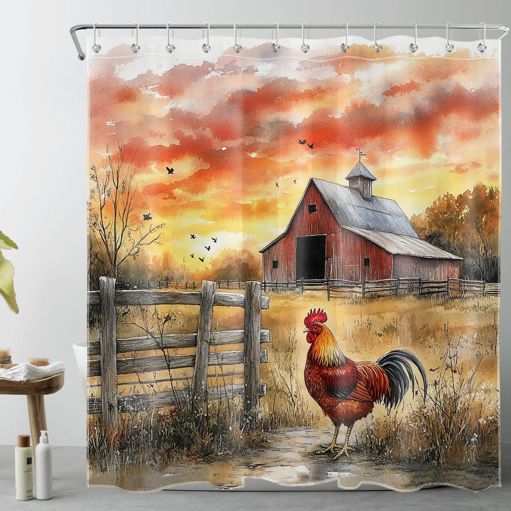 Rustic Farm Barn Shower Curtain for Bathroom Farmhouse Red Barn Chicken ...