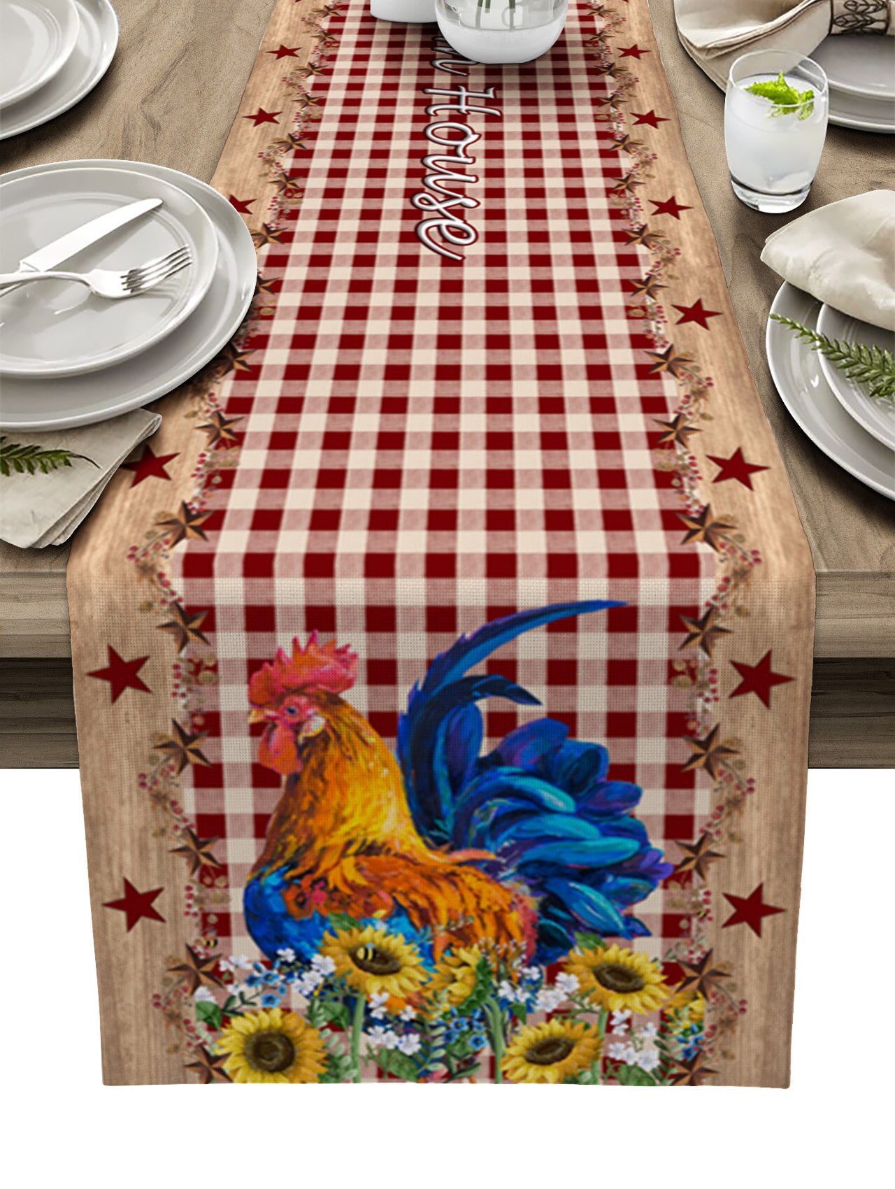 Rustic Farm Chicken Sunflower Plaid Linen Table Runner Holiday Party ...
