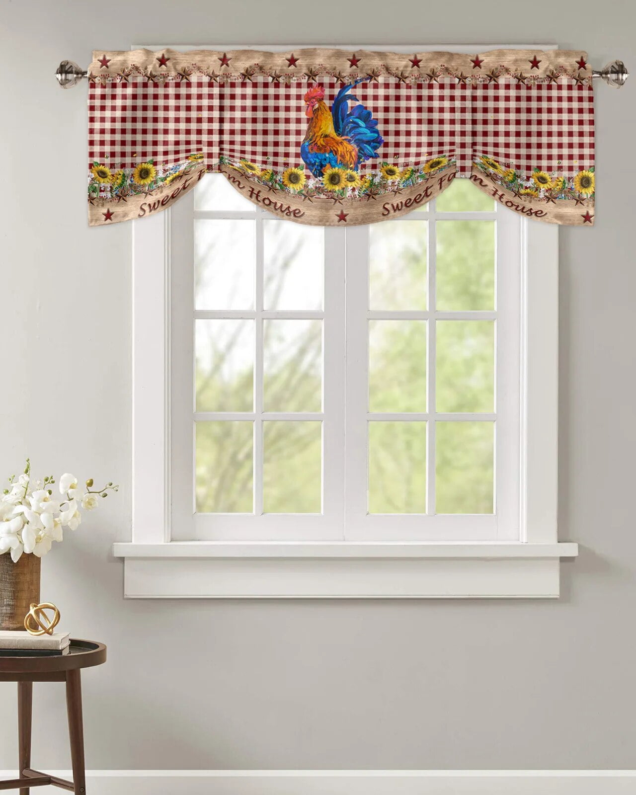 Rustic Farm Chicken Sunflower Plaid Small Curtain Rod Pocket Short ...