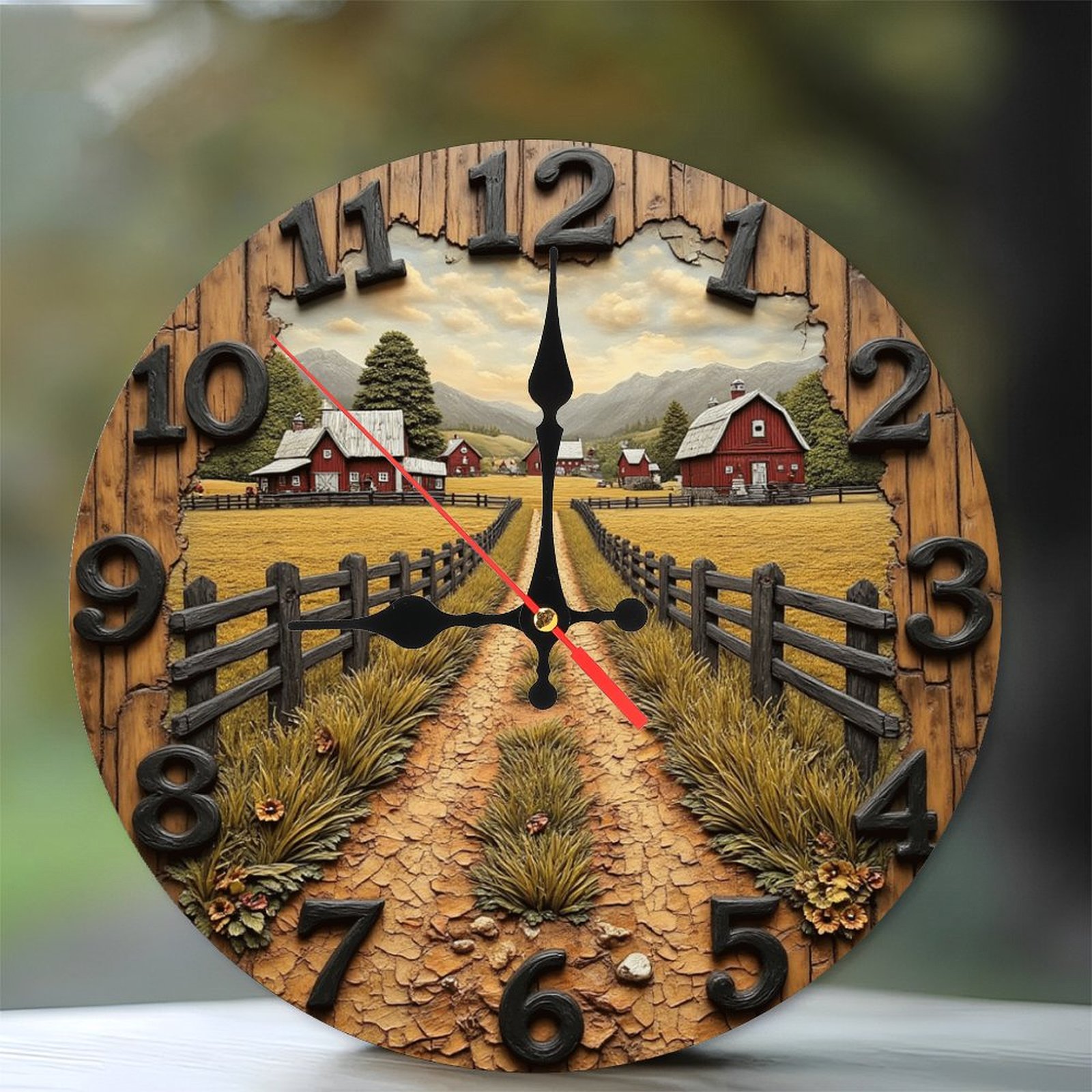 Rustic Farm Countryside Road Wall Clock 10-Inch Silent Wooden Wall ...