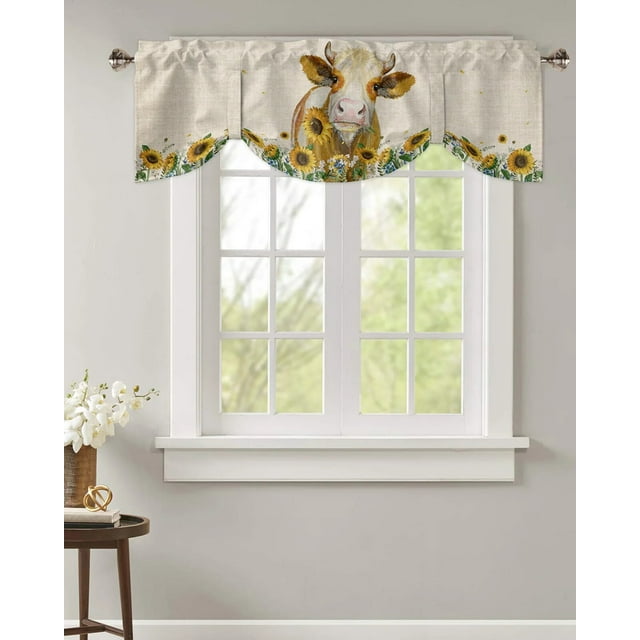 Rustic Farm Cows And Sunflowers Small Curtain Rod Pocket Short Curtains ...
