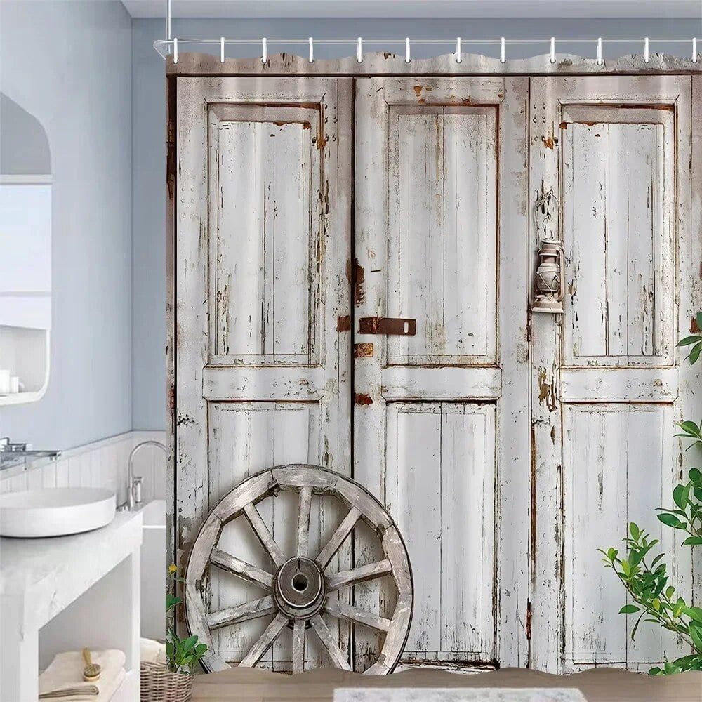 Rustic Farm Wooden Door Shower Curtains Barn Wheel Green Plant Grey ...