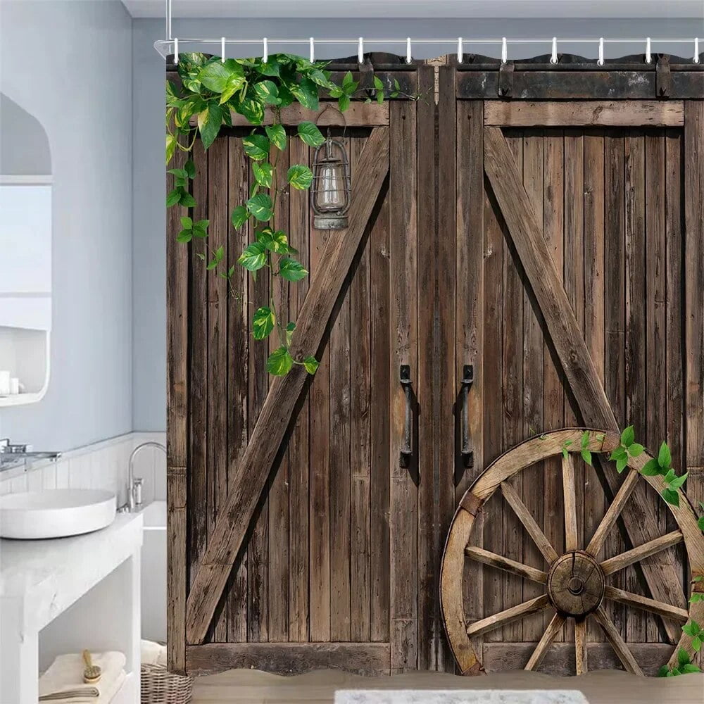 Rustic Farm Wooden Door Shower Curtains Barn Wheel Green Plant Grey ...