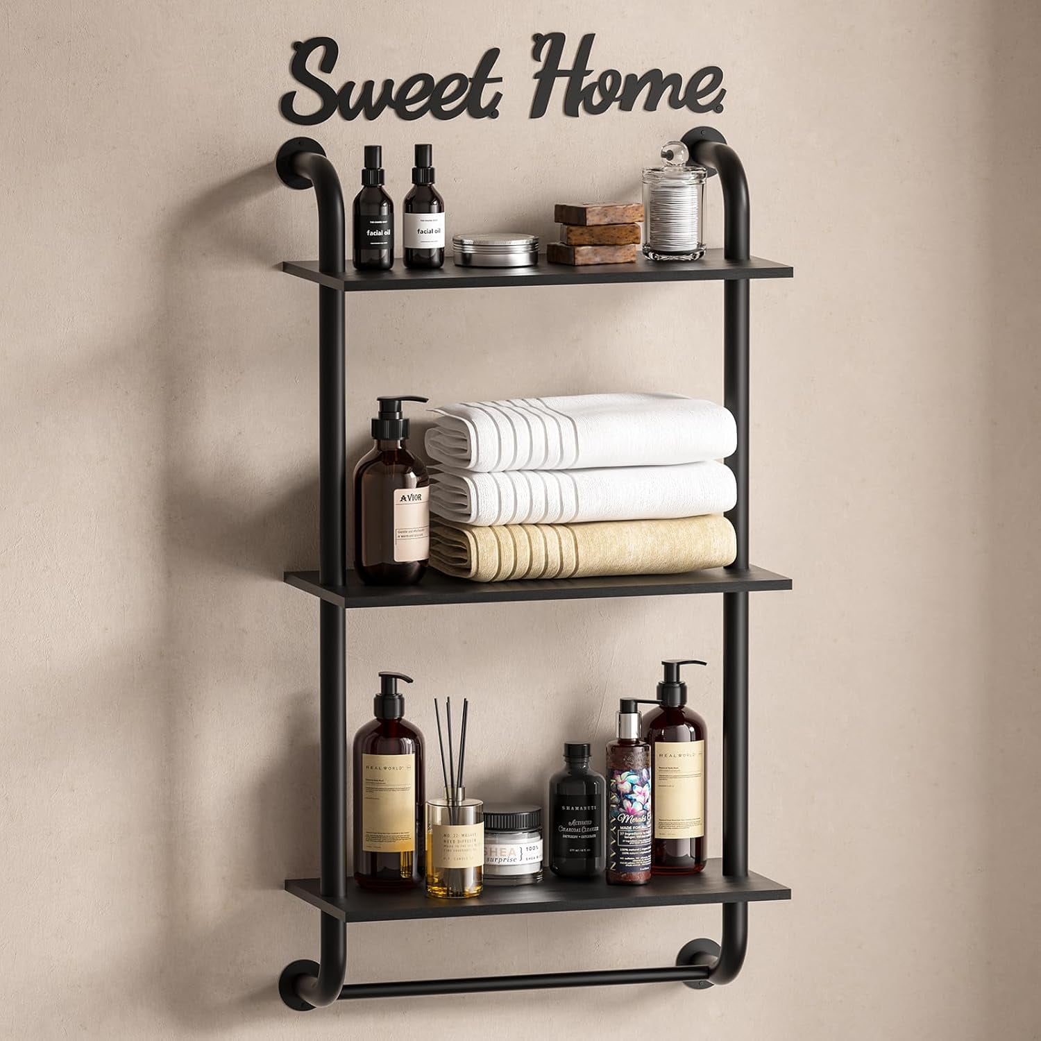 Rustic Farmhouse 3-Tier Wall Mounted Pipe Shelves, Industrial Floating ...