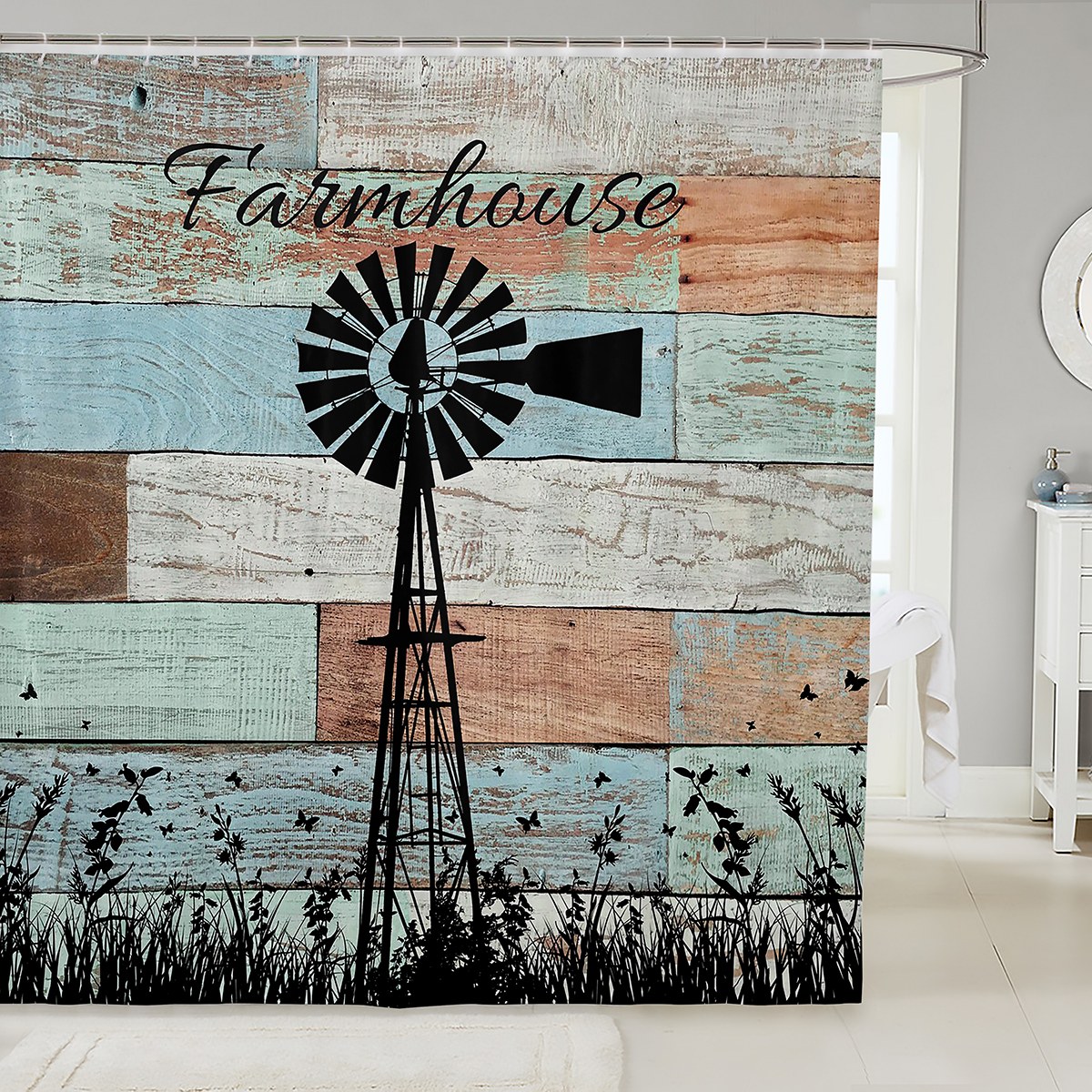 Rustic Farmhouse Bath Curtain For Cabin Room Decor,Farm Windmill ...