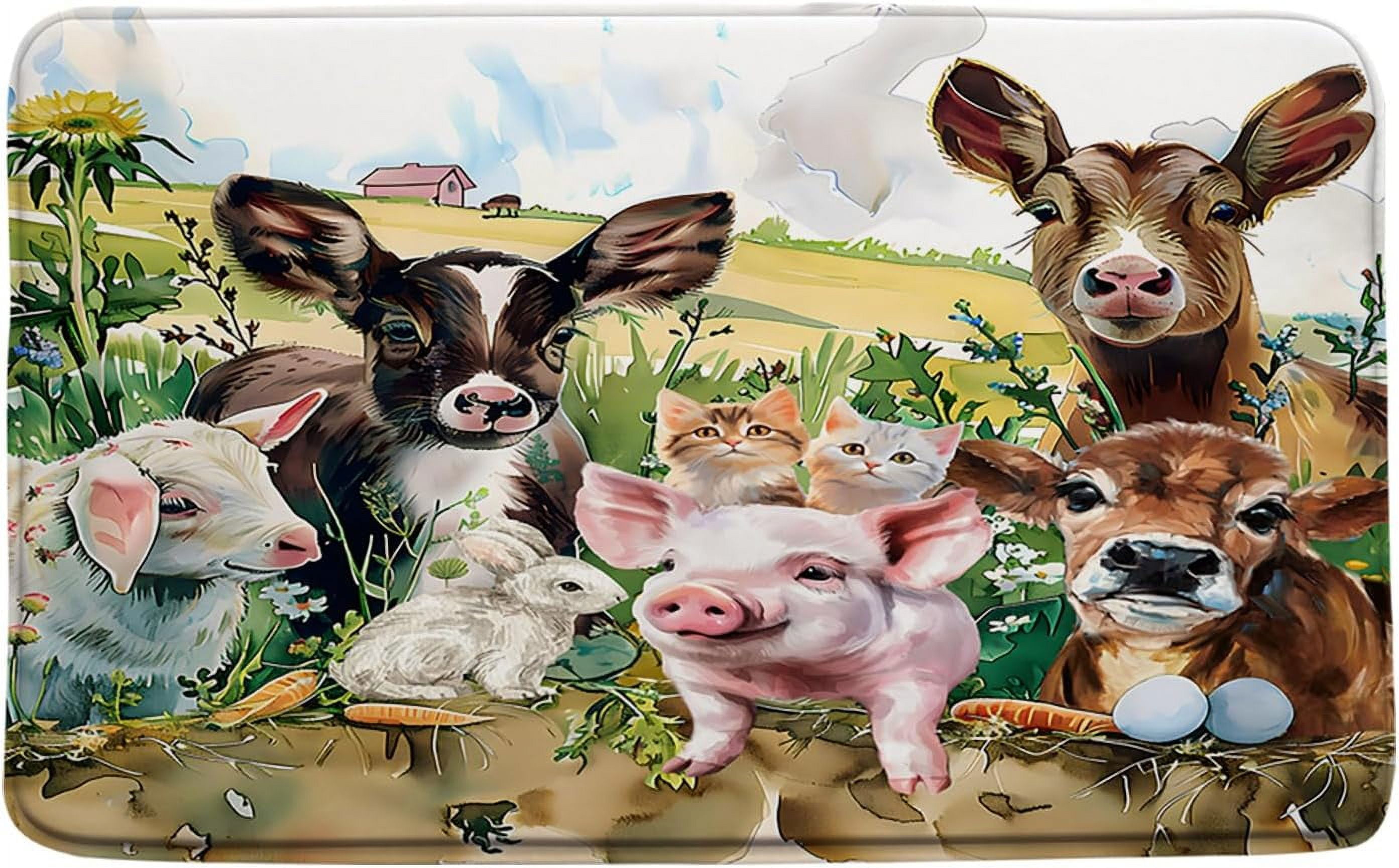 Rustic Farmhouse Bath Mat Cow Sheep Pig Cat Rabbit Oil Painting Funny ...