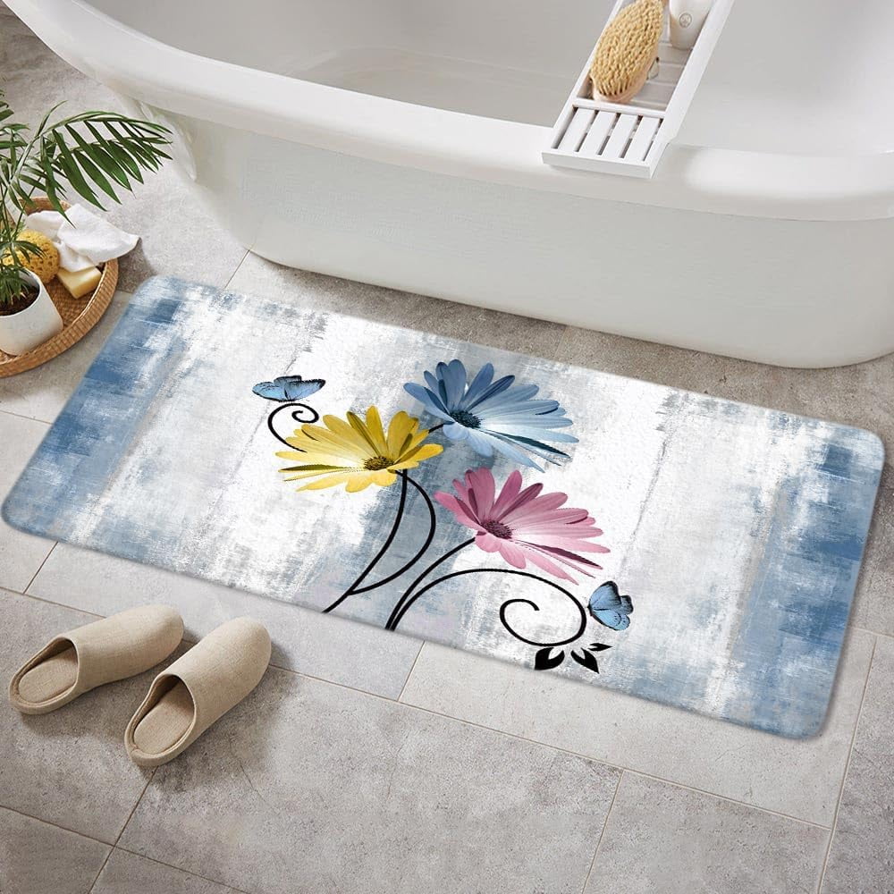 Rustic Farmhouse Bath Mat, Farm Blove Daisy Floral Flowers Butterfly Country Wooden Bath Rug for ...