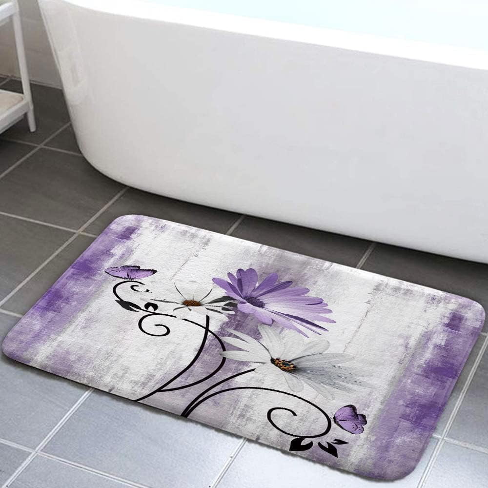 Rustic Farmhouse Bath Mat, Farm Purple Daisy Floral Flowers Butterfly ...