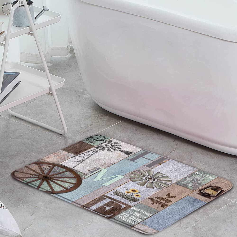 Rustic Farmhouse Bath Mat Rugs Windmill Farm Animal Wooden Wheel ...
