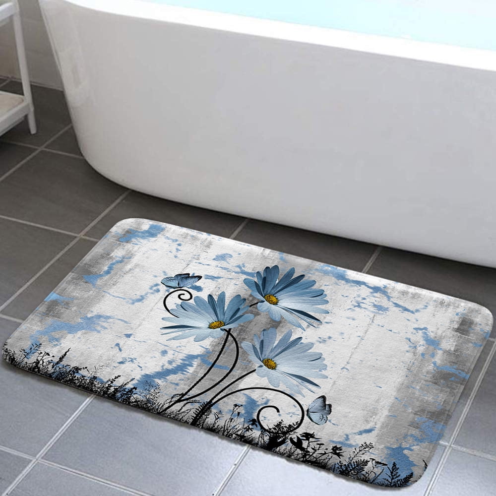 Rustic Farmhouse Bath Rug, Farm Blue Grey Daisy Floral Flowers and ...