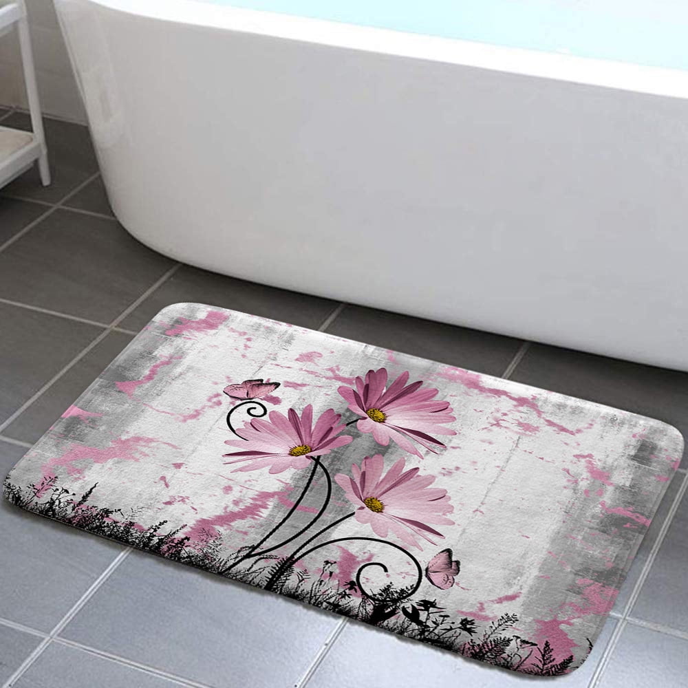 Rustic Farmhouse Bath Rug, Farm Pink Grey Daisy Floral Flowers and ...