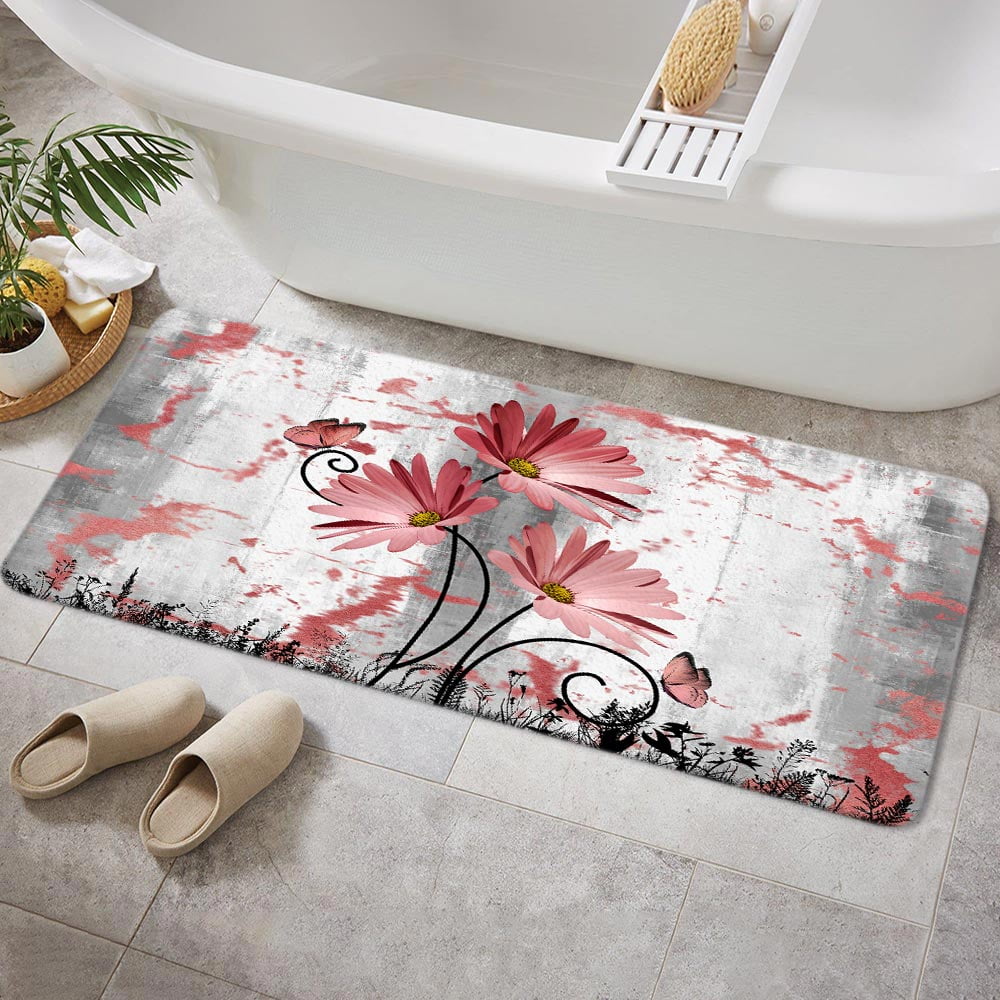Rustic Farmhouse Bath Rug, Farm Red Grey Daisy Floral Flowers and ...