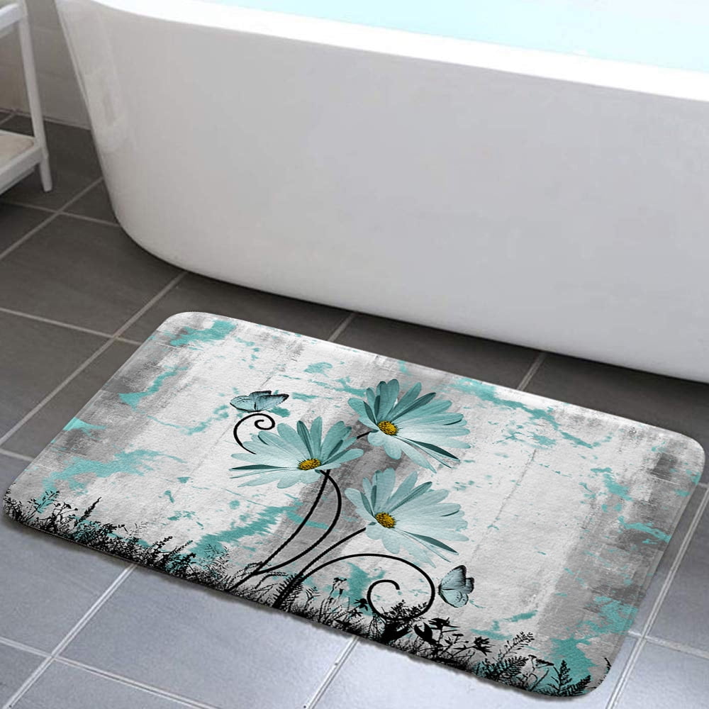 Rustic Farmhouse Bath Rug, Farm Teal Grey Daisy Floral Flowers and ...