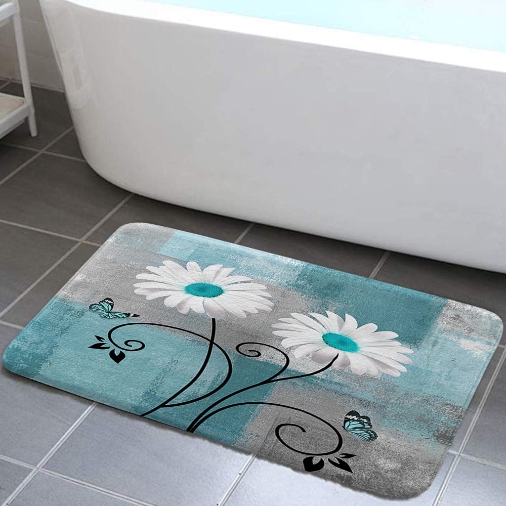 Rustic Farmhouse Bath Rugs, Daisy Floral Flowers and Butterfly on Teal ...