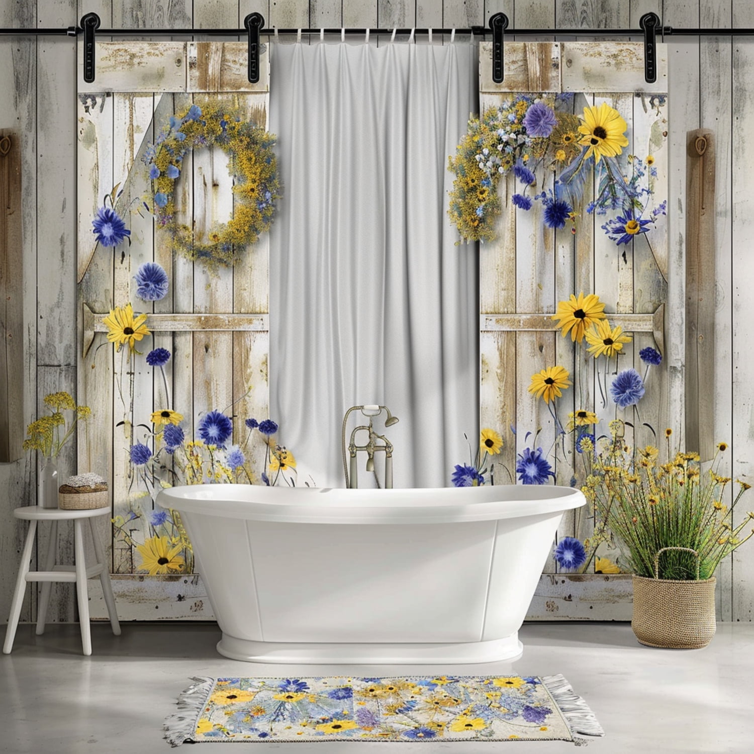 Rustic Farmhouse Bathroom Decor Set With Yellow And Blue Wildflowers