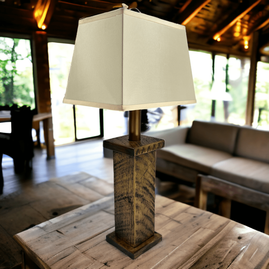 Rustic Farmhouse Battery-Powered Rough Sawn Timber Frame Table Lamp, 28 ...