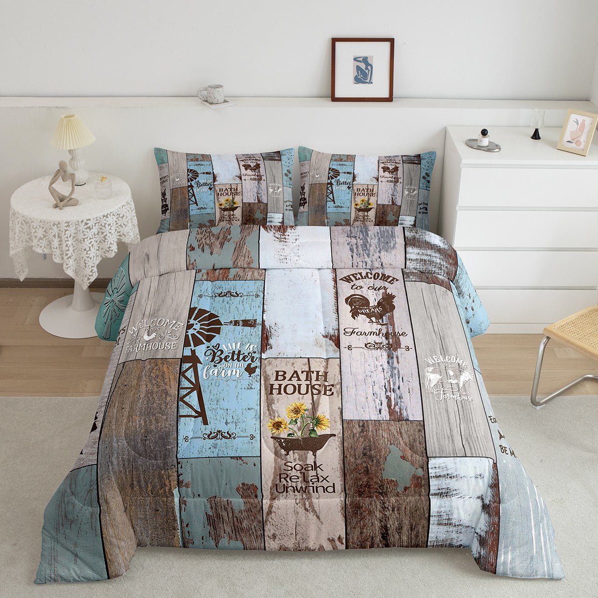 Rustic Farmhouse Bedding Set Cabin Decor, Retro Windmill Decor ...