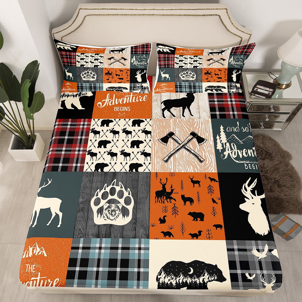 Rustic Farmhouse Bedding Set Queen Size, Bear Deer Elk Bed Sheets Teens ...