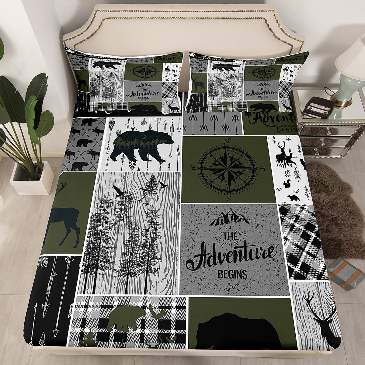 Rustic Farmhouse Bedding Set Twin, Hunting Bear Deer Bed Sheets Cabin ...