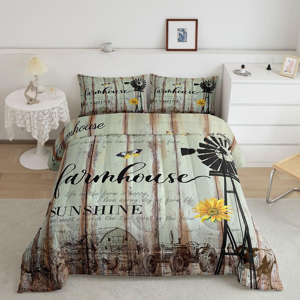 Rustic Farmhouse Bedding Set Windmill Decor Comforter Set Rooster Red ...