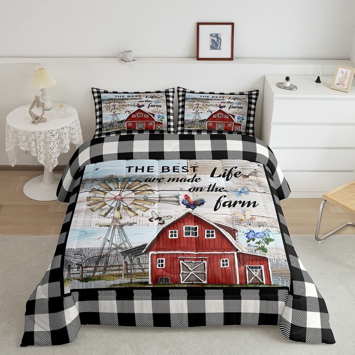 Rustic Farmhouse Bedding Set Windmill Decor Comforter Set Rooster Red Barn Country Bedding Comforter Sets Vintage Western Farm Wooden Plank Buffalo