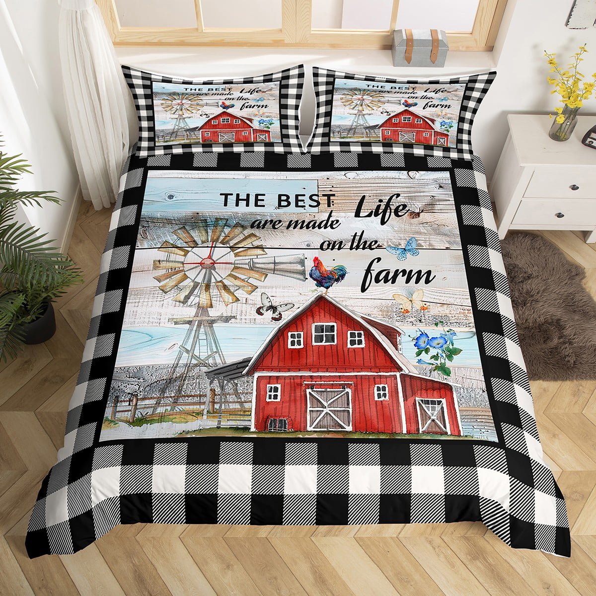 Rustic Farmhouse Bedding Set Windmill Decor Duvet Cover Rooster Red ...