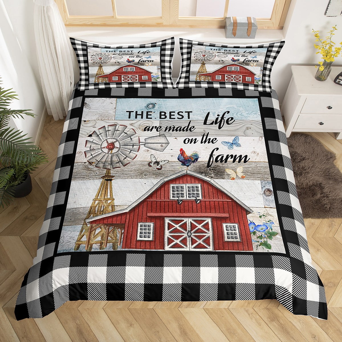 Rustic Farmhouse Bedding Set Windmill Decor Duvet Cover Rooster Red ...