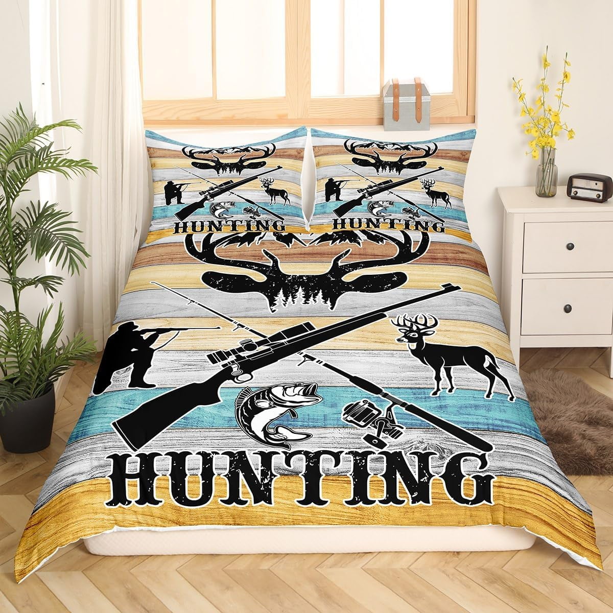 Rustic Farmhouse Bedding Wild Animal Deer Hunting Theme Hunter Bedding Set Wildlife Bass Fish ...