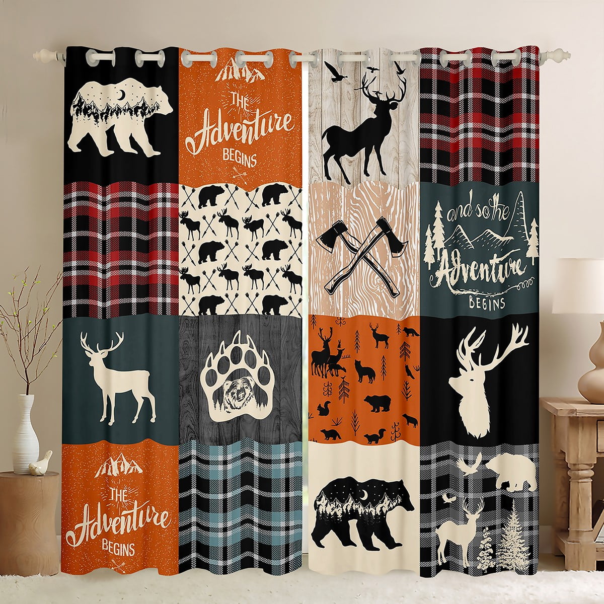 Rustic Farmhouse Blackout Curtains 42"Wx84"L, Bear Deer Elk Curtains ...
